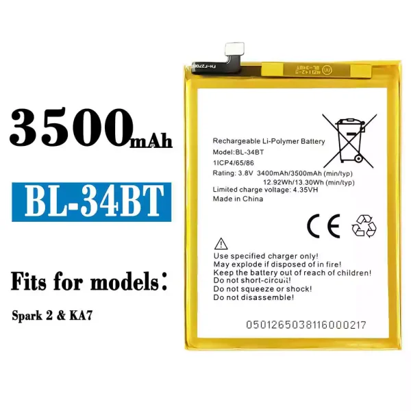 Genuine cell phone battery BL-34BT for Tecno KA7 / Spark 2 - batterysg.com